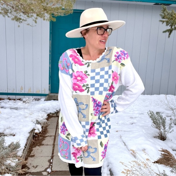 Avon | Sweaters | Vintage Avon Knit Quilt Block Grandmacore Floral ...